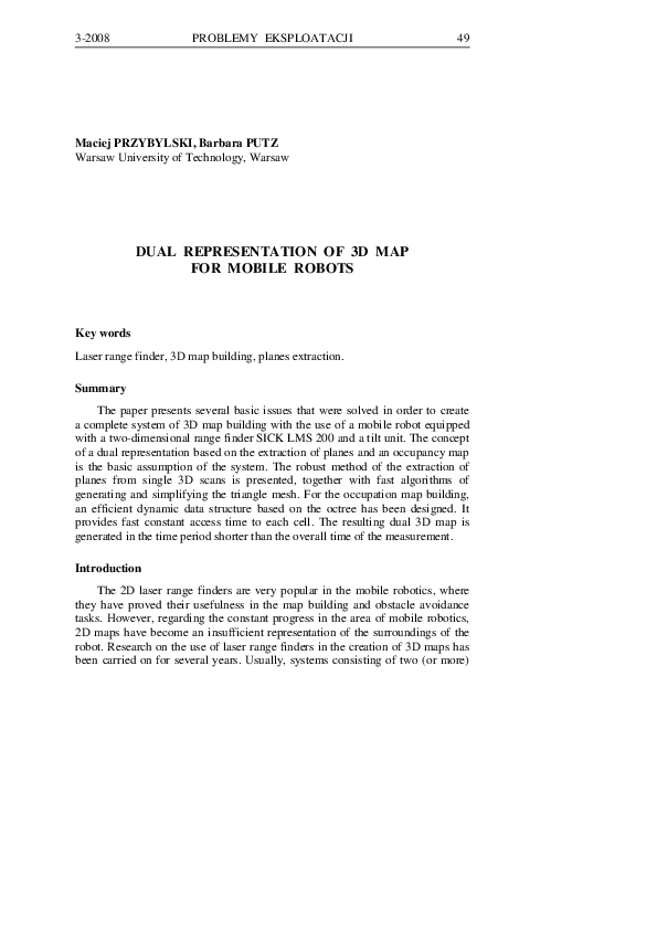 (PDF) Dual representation of 3D map for mobile robots