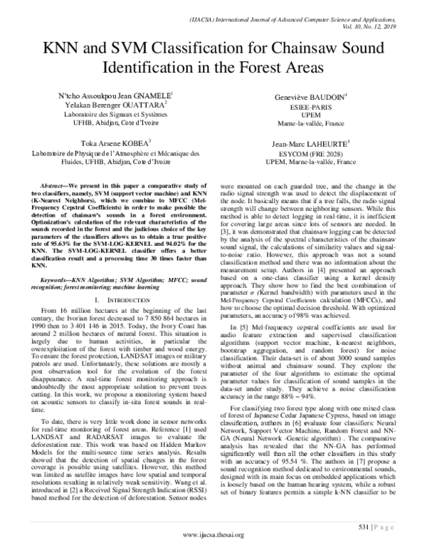 (PDF) KNN and SVM Classification for Chainsaw Sound Identification in the Forest Areas