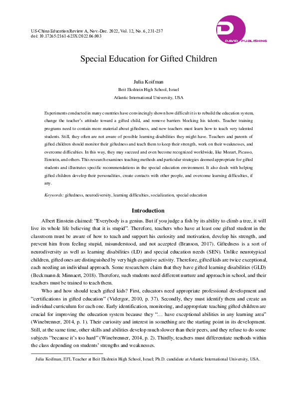 (PDF) Special Education for Gifted Children.