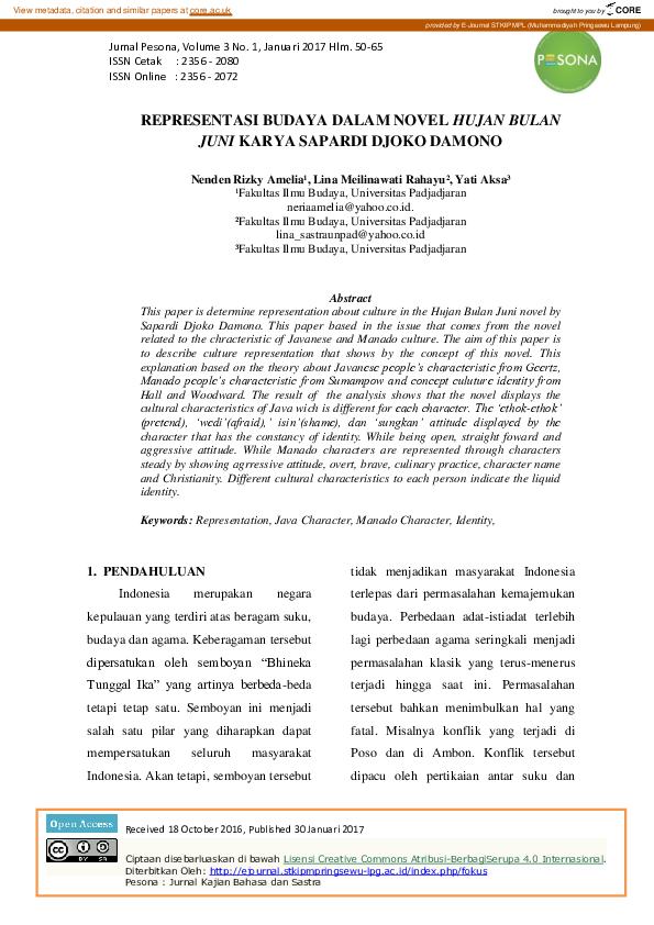(PDF) Representasi Budaya Dalam Novel Hujan Bulan Juni Karya Sapardi Djoko Damono