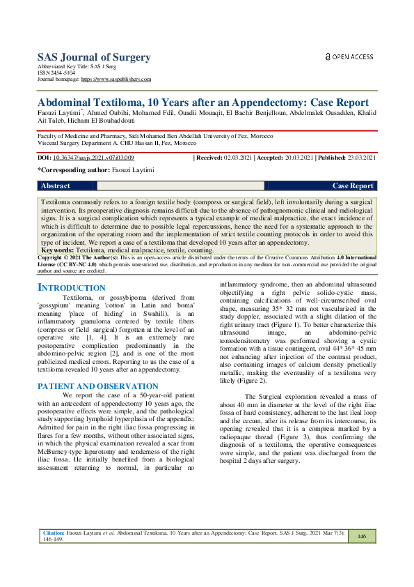 (PDF) Abdominal Textiloma, 10 Years after an Appendectomy: Case Report