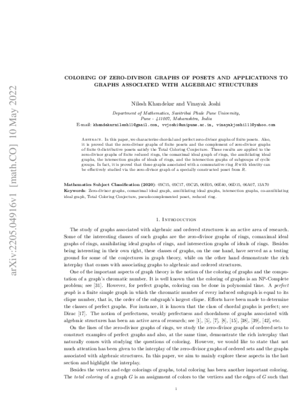 Pdf Coloring Of Zero Divisor Graphs Of Posets And Applications To Graphs Associated With