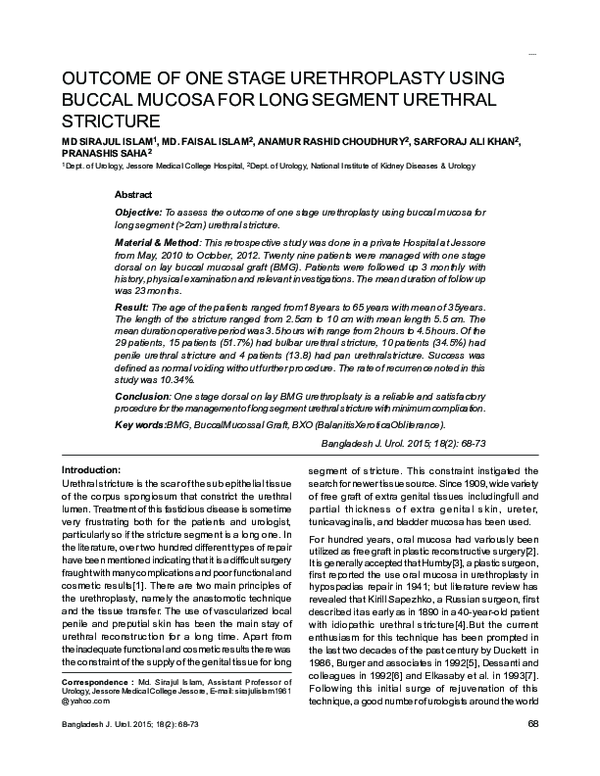 Pdf Outcome Of One Stage Urethroplasty Using Buccal Mucosa For Long