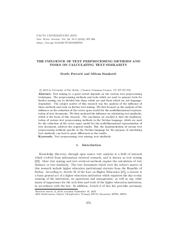Pdf The Influence Of Text Preprocessing Methods And Tools On Calculating Text Similarity 7900