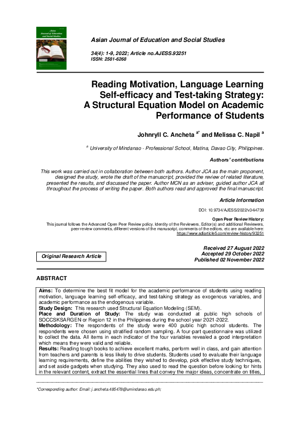 (PDF) Reading Motivation, Language Learning Self-efficacy and Test ...