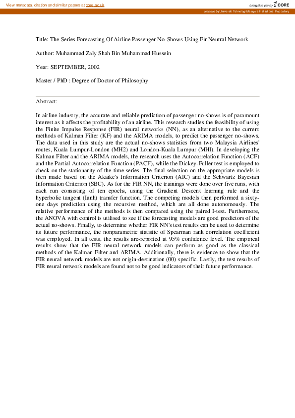 Pdf Time Series Forecasting Of Airline Passenger No Shows Using Fir Neural Network