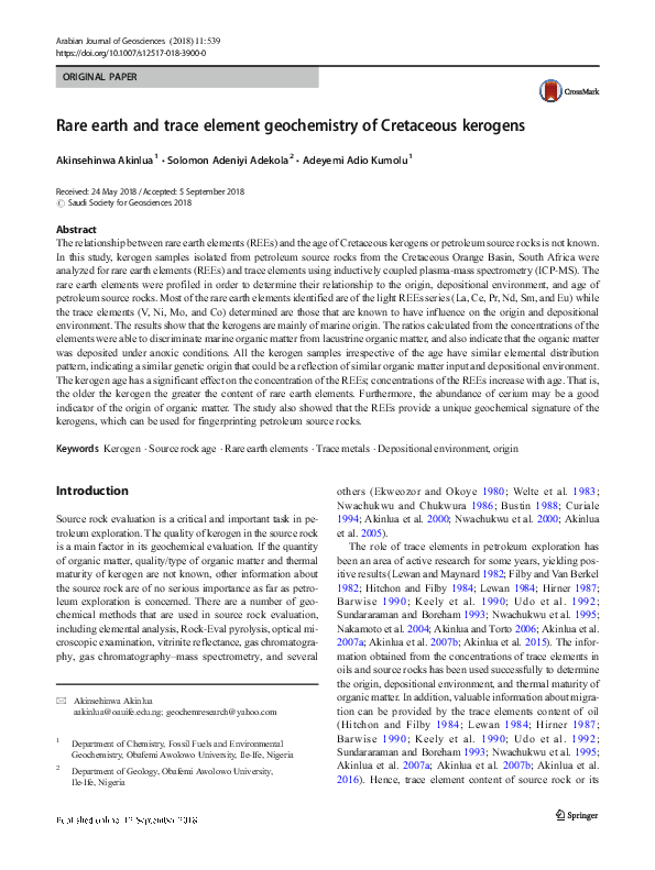 (PDF) Rare earth and trace element geochemistry of Cretaceous kerogens