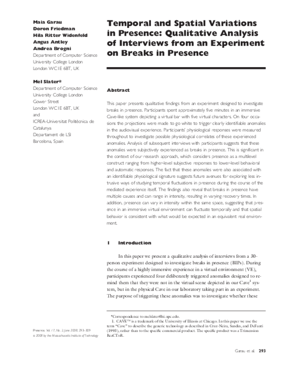 (PDF) Temporal and Spatial Variations in Presence: Qualitative Analysis ...