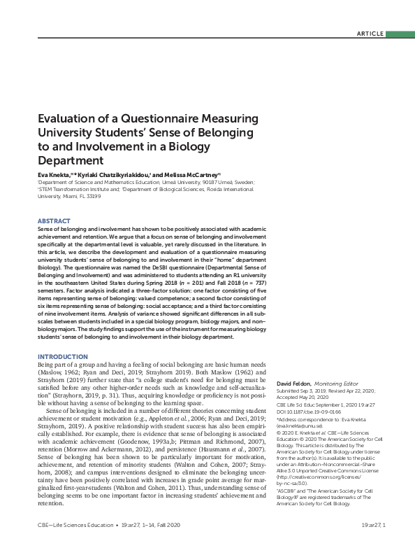 (PDF) Evaluation of a Questionnaire Measuring University Students’ Sense of Belonging to and ...