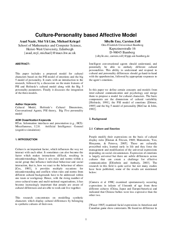 (PDF) 1 Culture-Personality based Affective Model
