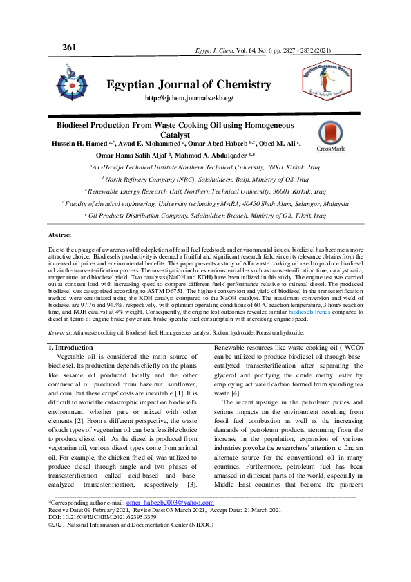(PDF) Biodiesel Production From Waste Cooking Oil using Homogeneous ...