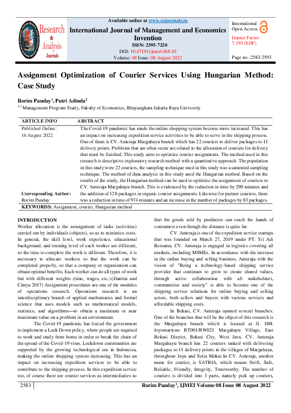 (PDF) Assignment Optimization of Courier Services Using Hungarian ...