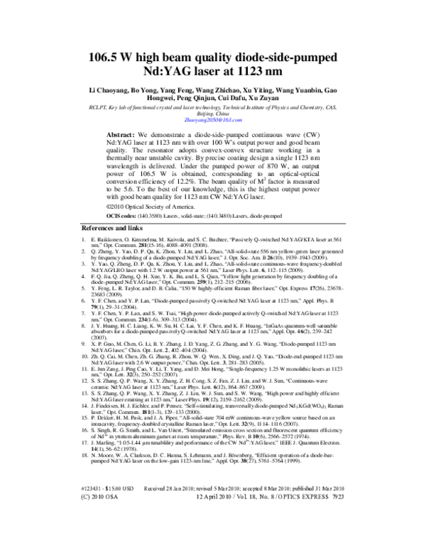 (PDF) 1065 W high beam quality diode-side-pumped Nd:YAG laser at 1123 nm