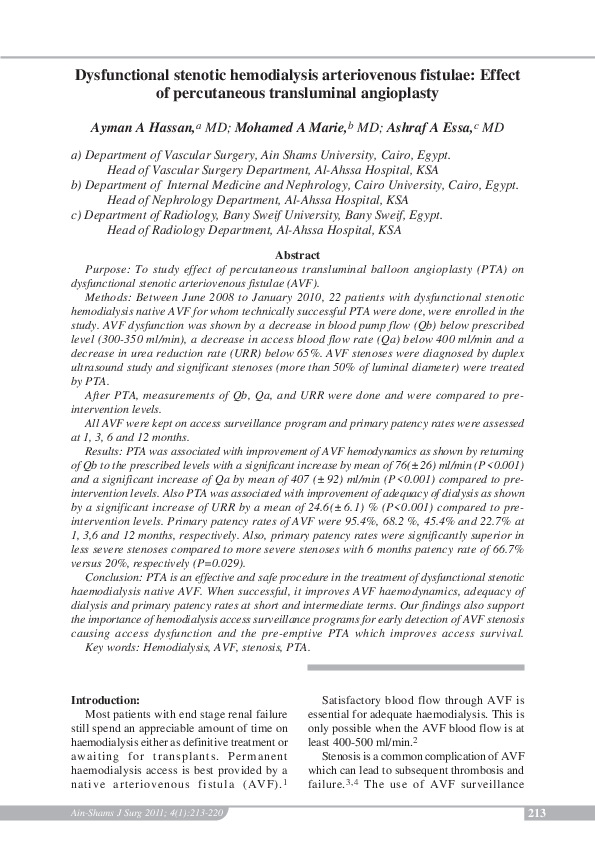 (PDF) Dysfunctional stenotic hemodialysis arteriovenous fistulae ...