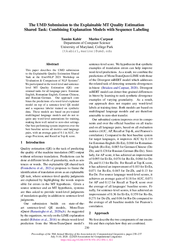 Pdf The Umd Submission To The Explainable Mt Quality Estimation Shared Task Combining