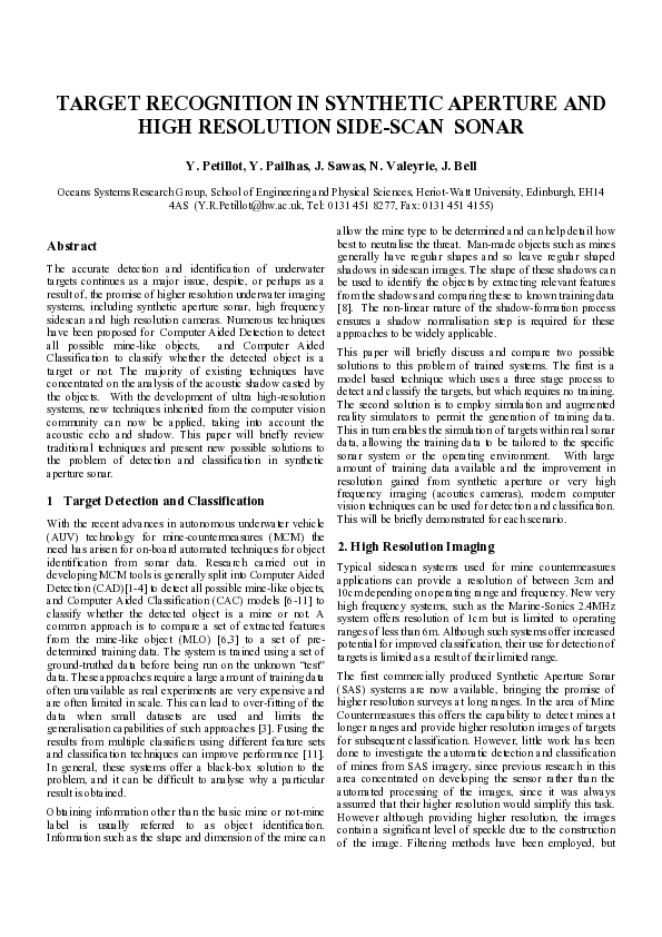 (PDF) Target recognition in synthetic aperture and high resolution sidescan sonar