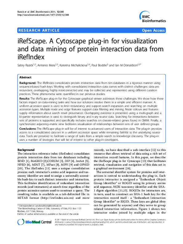 (PDF) iRefScape. A Cytoscape plug-in for visualization and data mining of protein interaction ...