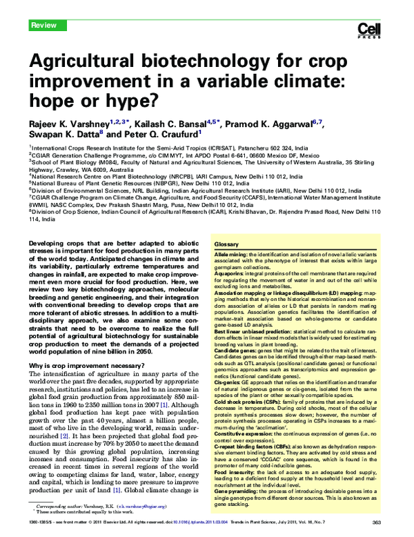 (PDF) Agricultural biotechnology for crop improvement in a variable ...