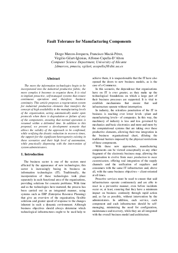 (PDF) Fault Tolerance for Manufacturing Components