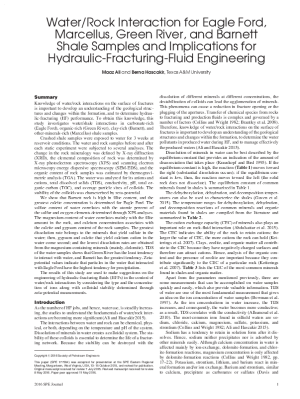 (PDF) Water-Rock Interaction for Eagle Ford, Marcellus, Green River ...