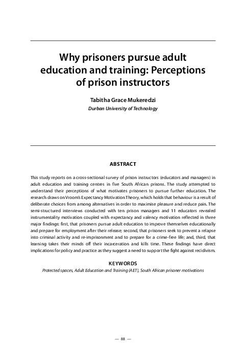 (PDF) Why prisoners pursue adult education and training: Perceptions of ...