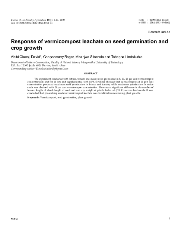 Pdf Response Of Vermicompost Leachate On Seed Germination And Crop