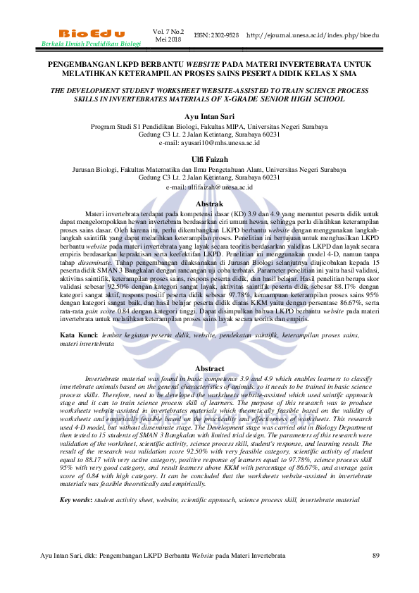 (PDF) Pengembangan LKPD Berbantu Website Pada Materi Invertebrata Untuk Melatihkan Keterampilan ...