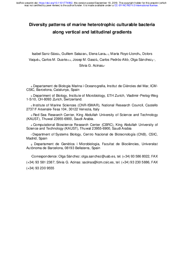 (PDF) Diversity patterns of marine heterotrophic culturable bacteria along vertical and ...