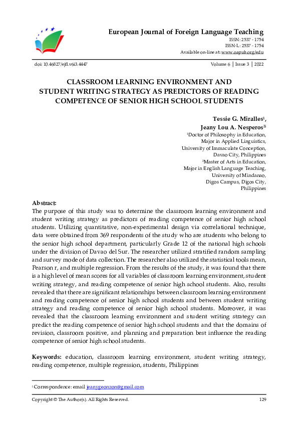 (PDF) Classroom Learning Environment and Student Writing Strategy as ...