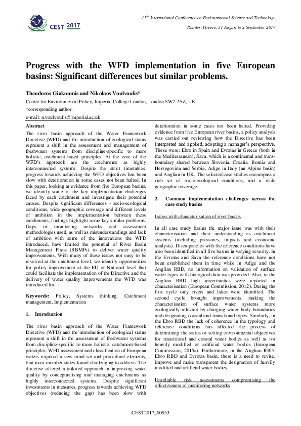 (PDF) Progress with the WFD implementation in five European basins ...