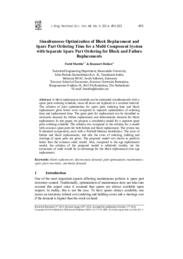 Pdf Simultaneous Optimization Of Block Replacement And Spare Part Ordering Time For A Multi