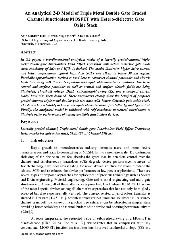 (PDF) An analytical 2-D model of triple metal double gate graded channel junctionless MOSFET ...