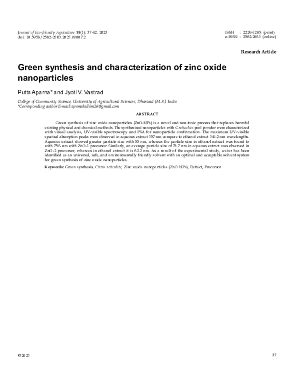 (PDF) Green synthesis and characterization of zinc oxide nanoparticles