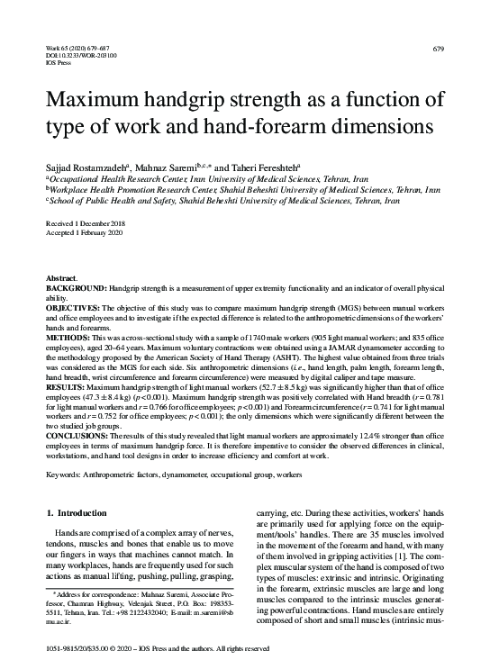 (PDF) Maximum handgrip strength as a function of type of work and hand ...