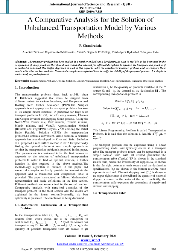 (PDF) A Comparative Analysis for the Solution of Unbalanced Transportation Model by Various Methods