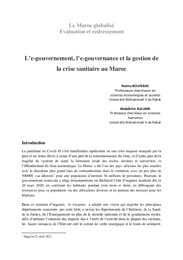 (PDF) L'e-gouvernement, l'e-gouvernance et la gestion de la crise sanitaire au Maroc