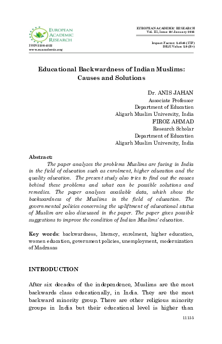 (PDF) Educational Backwardness of Indian Muslims: Causes and Solutions