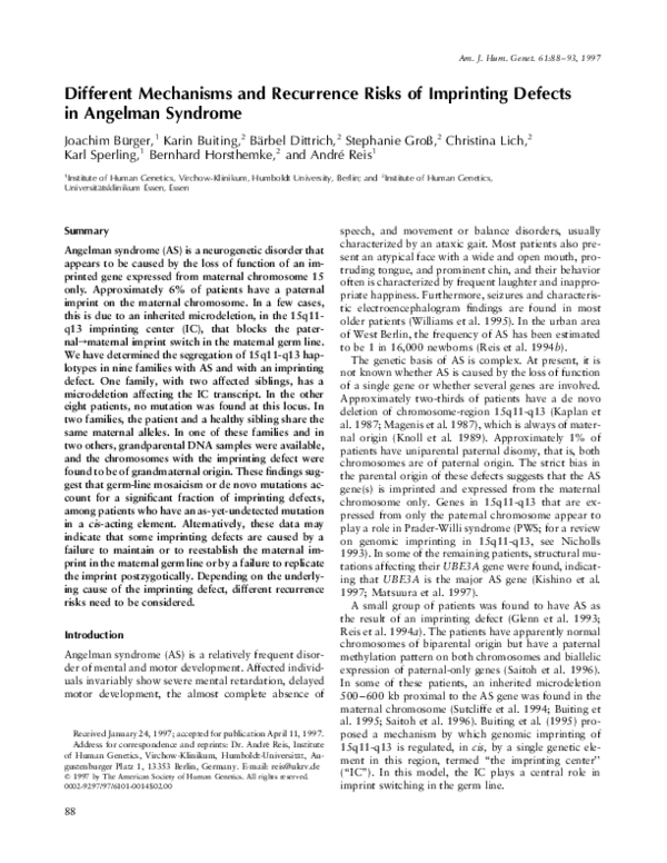 (PDF) Imprinting Defects and Recurrence in Angelman Syndrome
