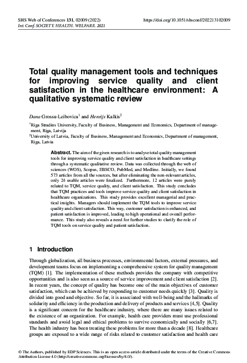 Pdf Total Quality Management Tools And Techniques For Improving