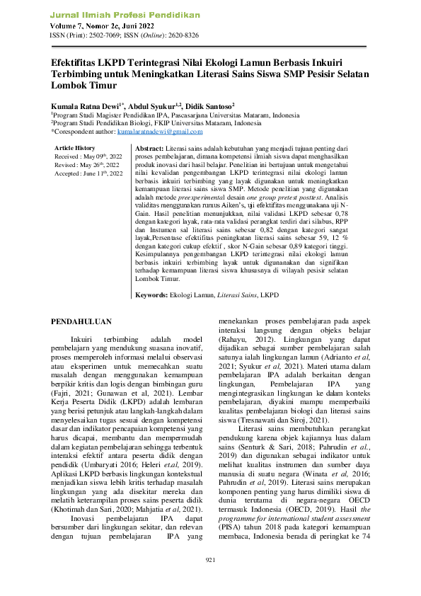 (PDF) Efektifitas LKPD Terintegrasi Nilai Ekologi Lamun Berbasis Inkuiri Terbimbing untuk ...