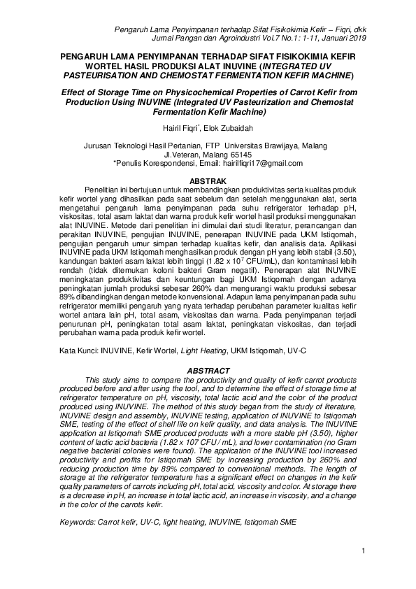 (PDF) Pengaruh Lama Penyimpanan Terhadap Sifat Fisikokimia Kefir Wortel Hasil Produksi Alat ...