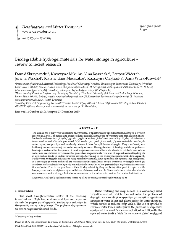 (PDF) Biodegradable hydrogel materials for water storage in agriculture ...