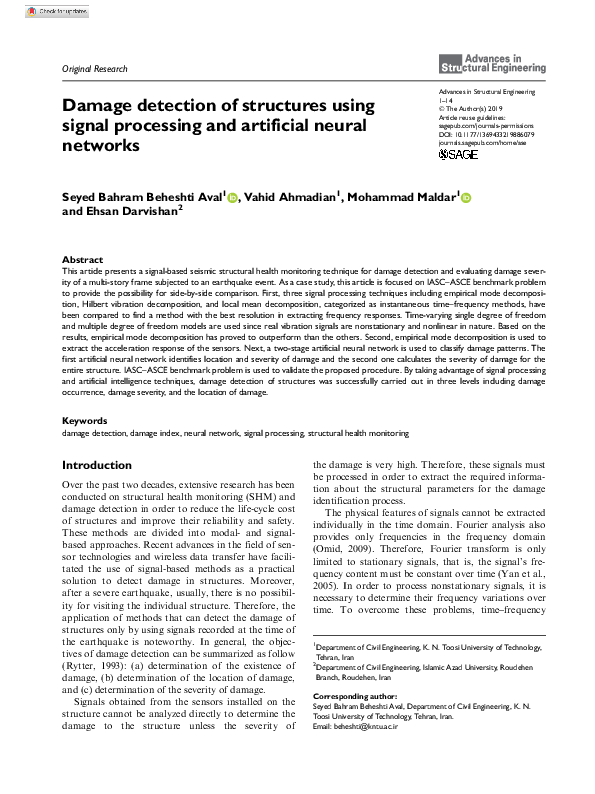 (PDF) Damage detection of structures using signal processing and artificial neural networks