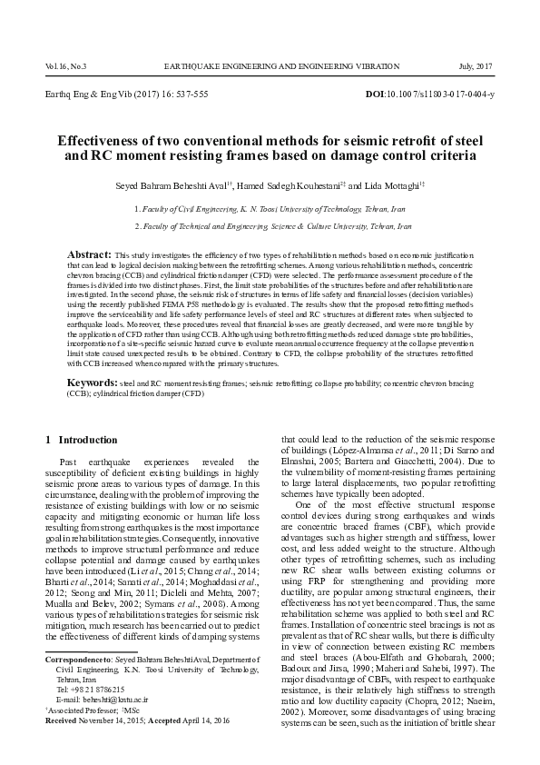 (PDF) Effectiveness of two conventional methods for seismic retrofit of steel and RC moment ...