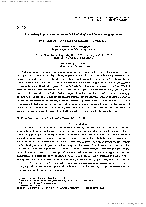 (PDF) 2312 Productivity Improvement for Assembly Line Using Lean Manufacturing Approach