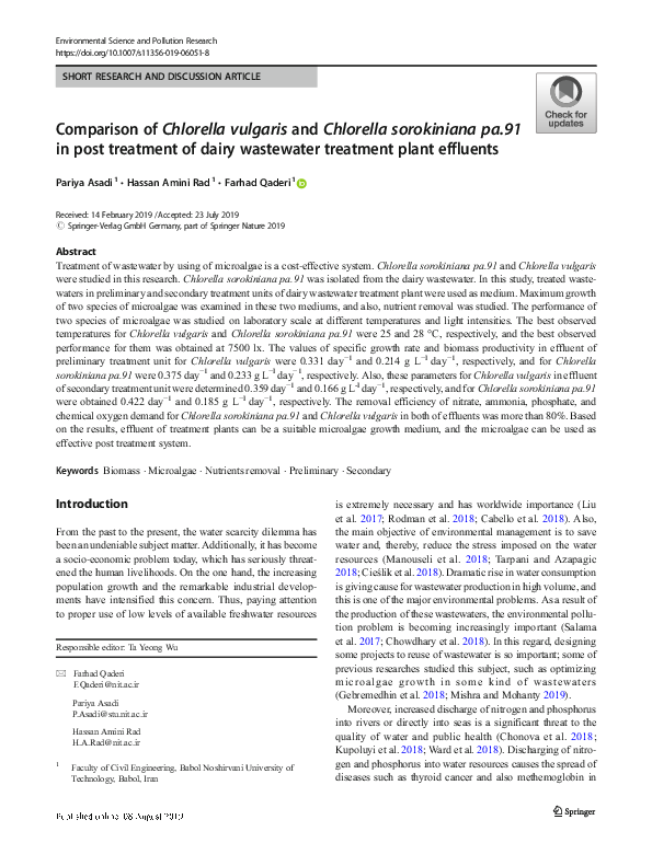 (PDF) Comparison of Chlorella vulgaris and Chlorella sorokiniana pa.91 in post treatment of ...
