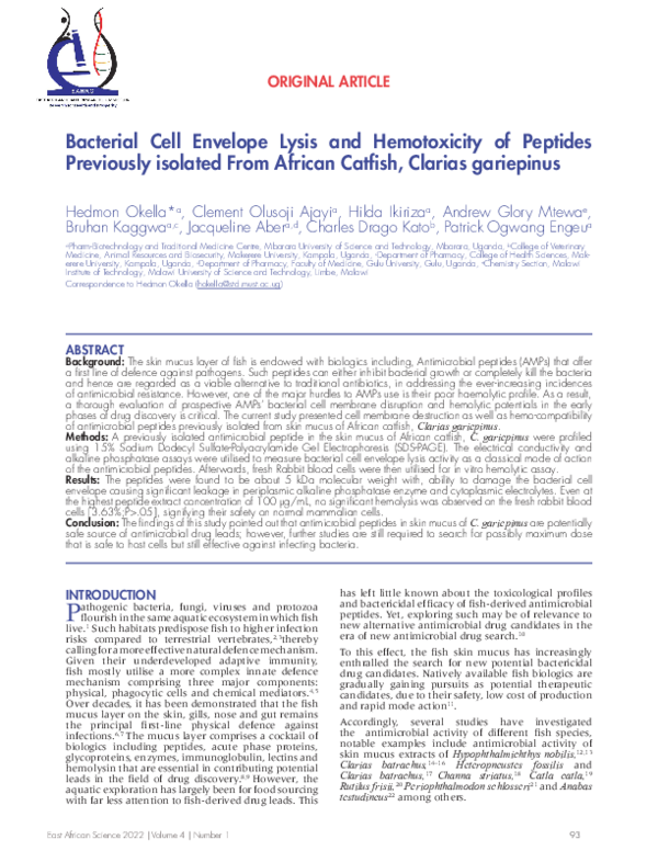 (PDF) Lysis and Hemotoxicity of Antimicrobial Peptides from Catfish