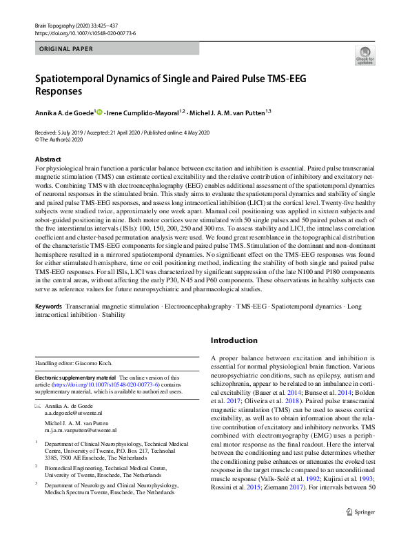 (PDF) Spatiotemporal Dynamics of Single and Paired Pulse TMS-EEG Responses