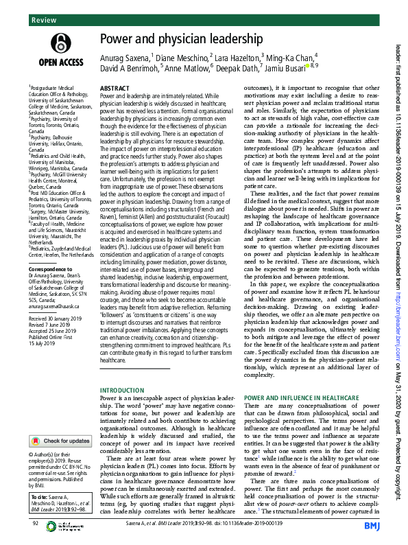 (PDF) Power and physician leadership