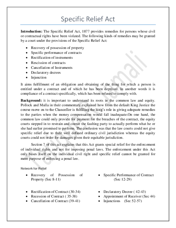 (PDF) Specific Relief Act, 1877 | Study Material | Notes